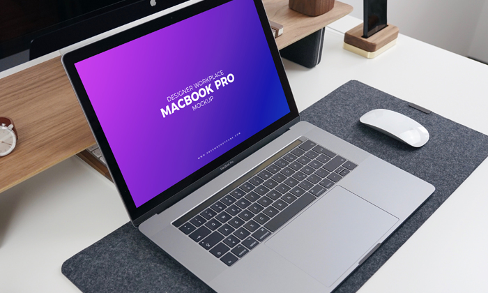 Free Designer Interior Workplace PSD MacBook Pro Mockup 2018 - Mockup Planet