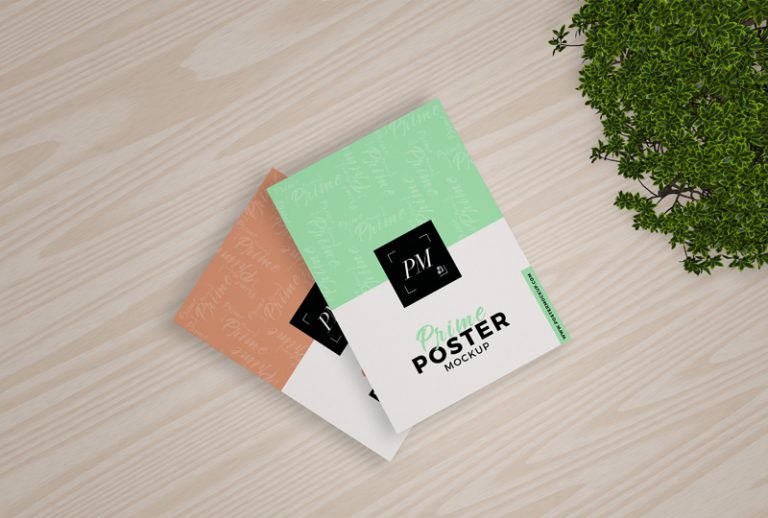 Free Top View Prime Posters Mockup on Wooden Sheet 2018 - Mockup Planet