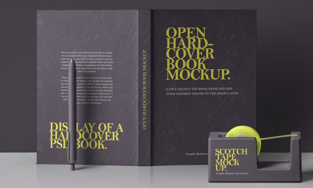Free Open Hardcover Book With Scotch Tape Mockup PSD - Mockup Planet