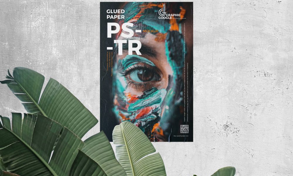 Free Cement Wall Glued Poster Mockup Design With Plants - Mockup Planet