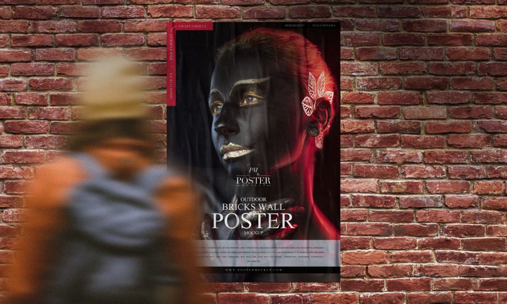 Free Girl Watching Poster on Bricks Wall Mockup Design - Mockup Planet