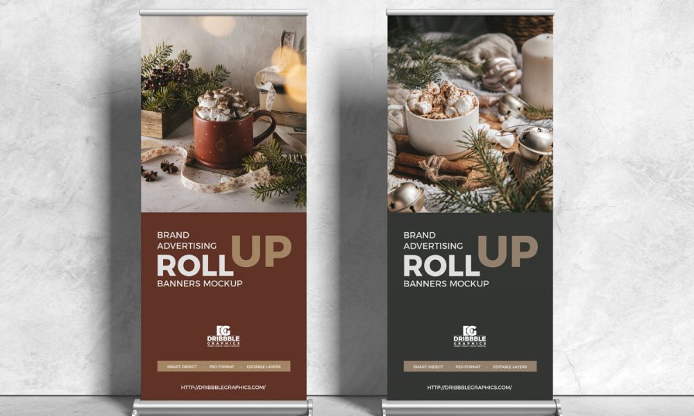 Free Front View Roll Up Stands Banner Mockup Design - Mockup Planet