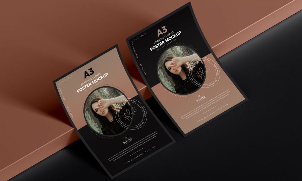 Free Premium A3 Curved Paper Poster Mockup Design - Mockup Planet