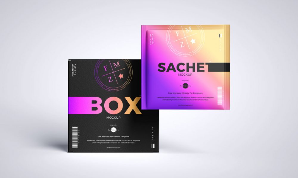 Free Floating Sachet Box Packaging Mockup Design - Mockup Planet