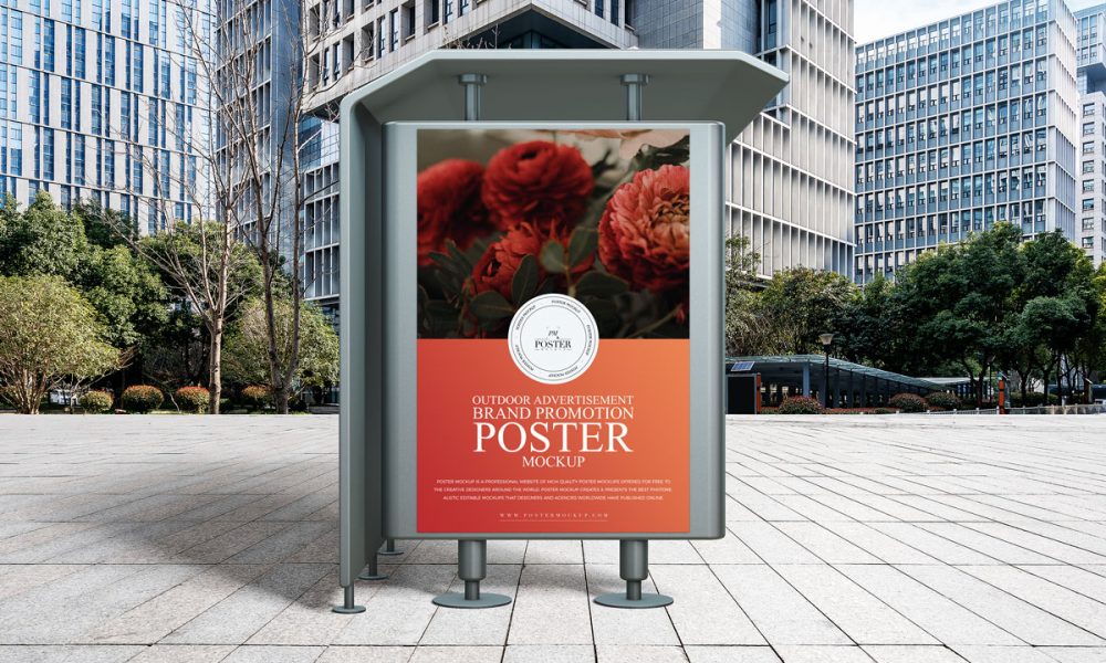 Free Public Place Advertising Booth Poster Mockup Design - Mockup Planet