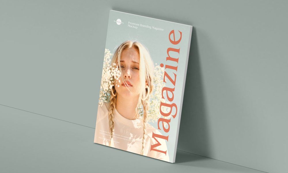 Free Stylish Standing Magazine Mockup Design - Mockup Planet